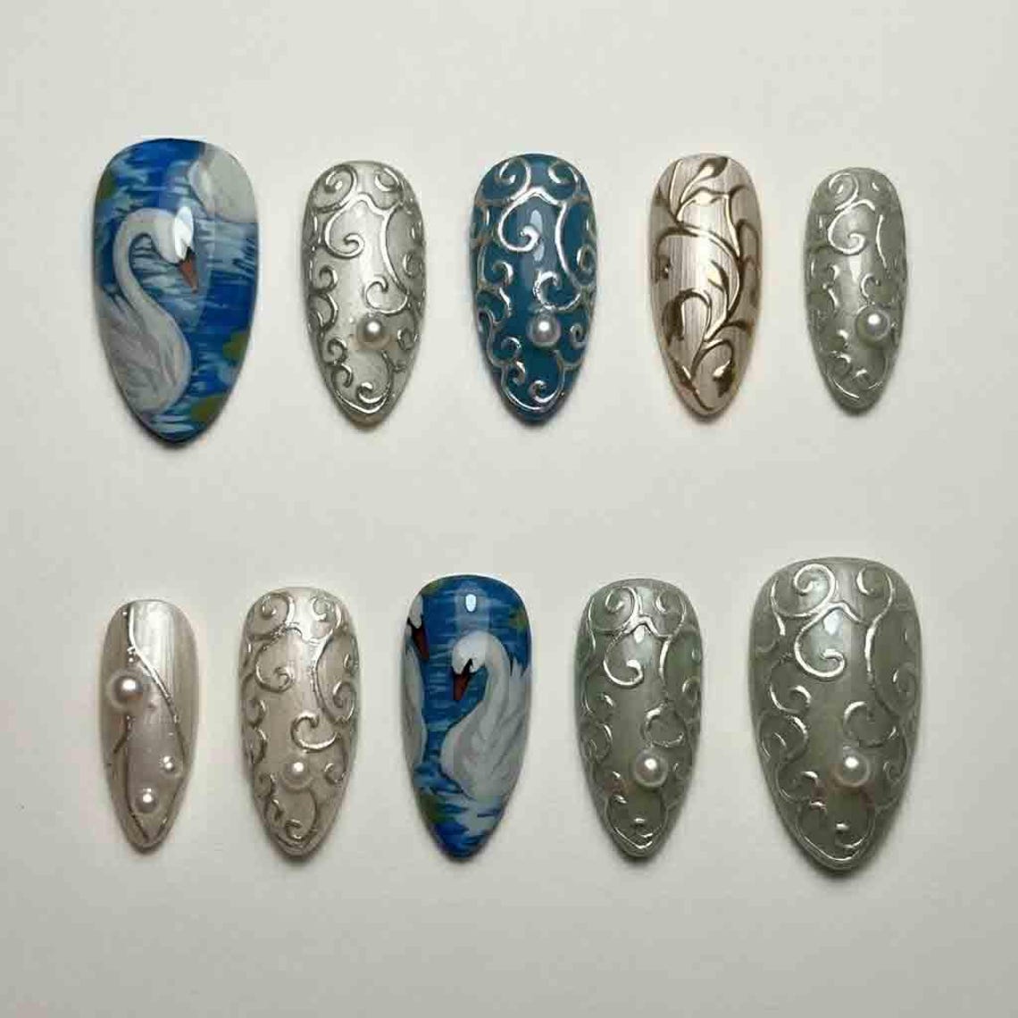 Handmade Swan Art Press on Nails | Hand-painted Swans, Silver ...