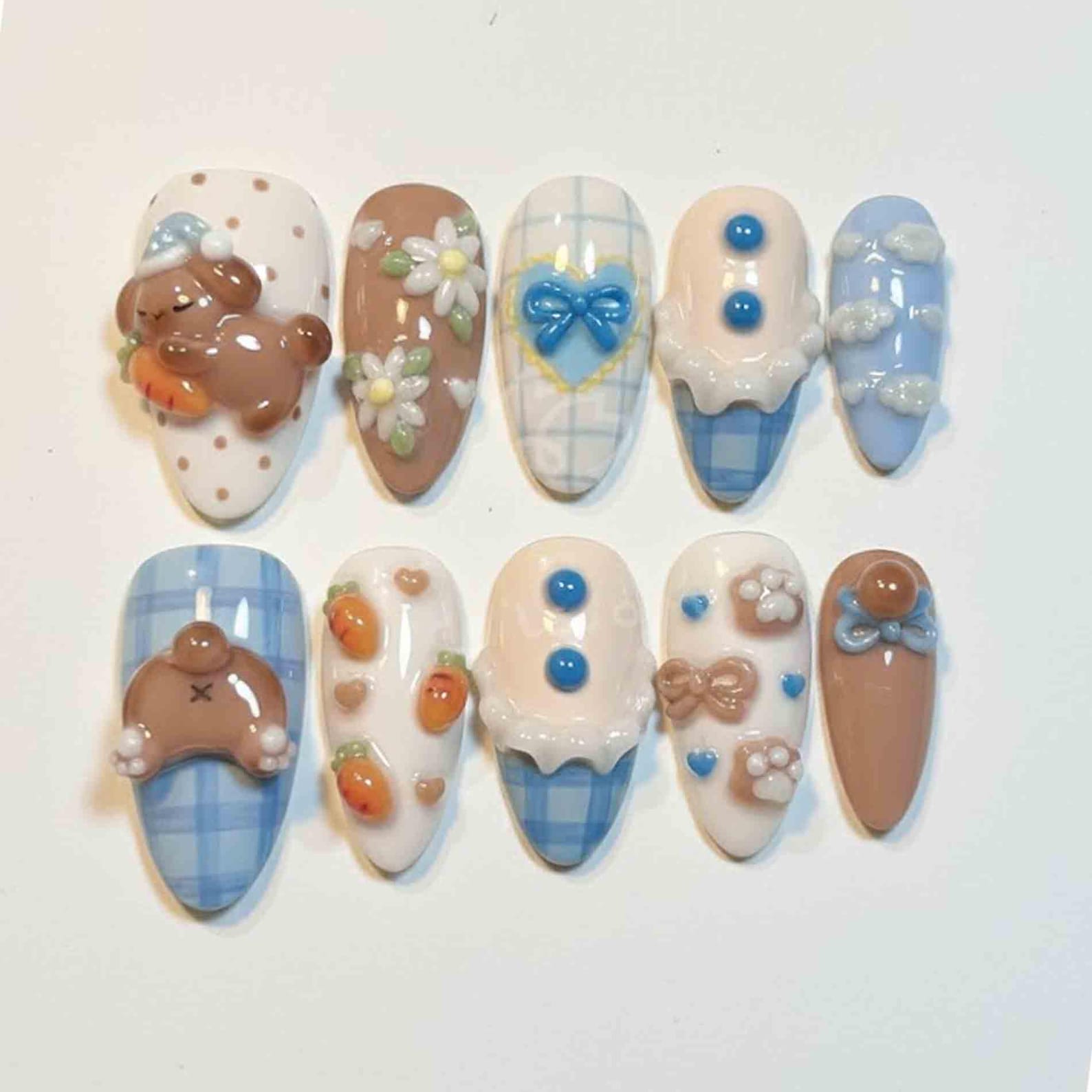 Handmade Pastel Capybara Bow Press on Nails | Clouds, Strawberry ...
