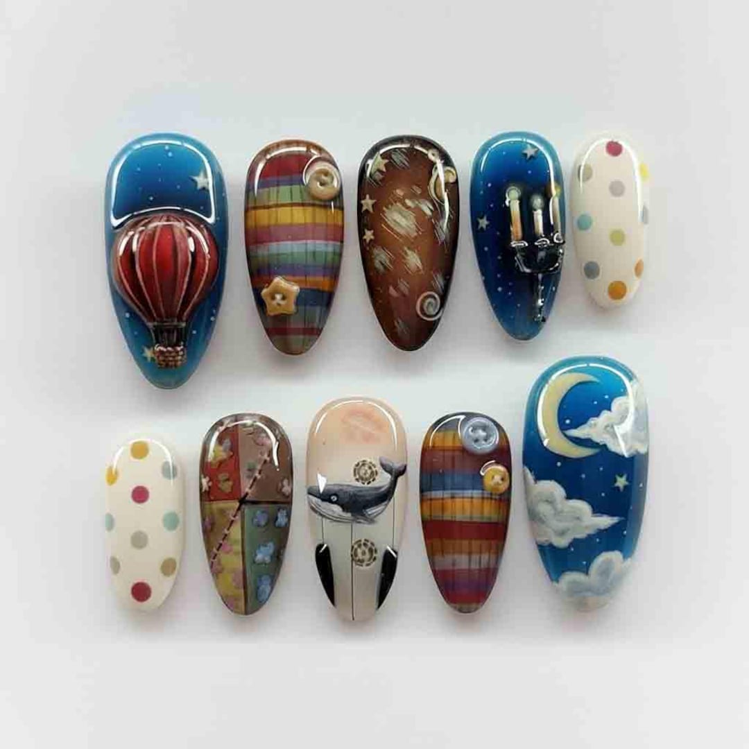 Handmade Dreamy Sky Press on Nails | Hot Air Balloon, Moon, Whale ...