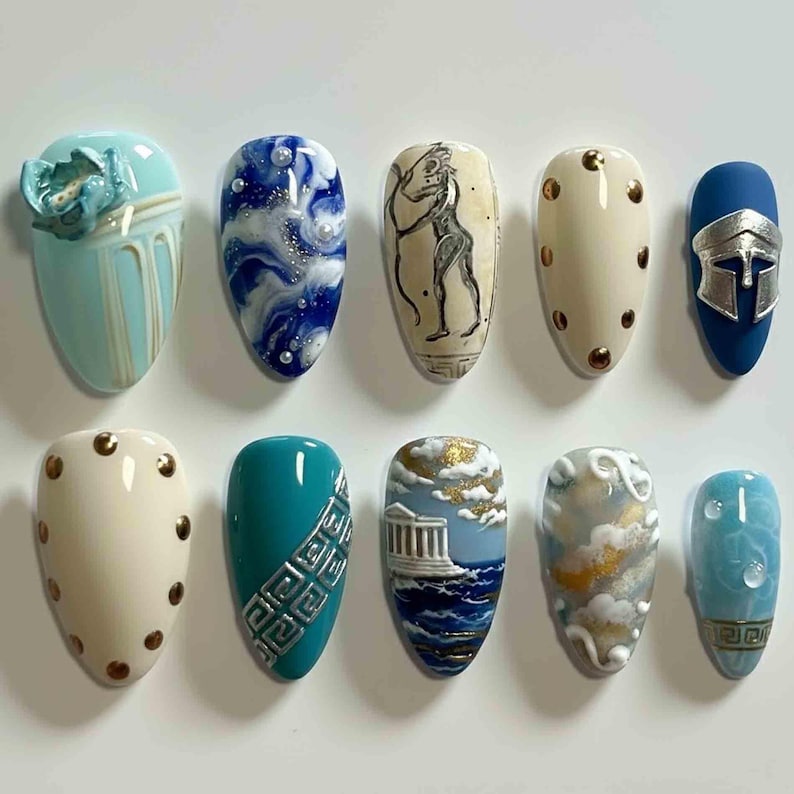 Handmade Greek Mythology Press on Nails | Marble, Ocean & Statue Art ...