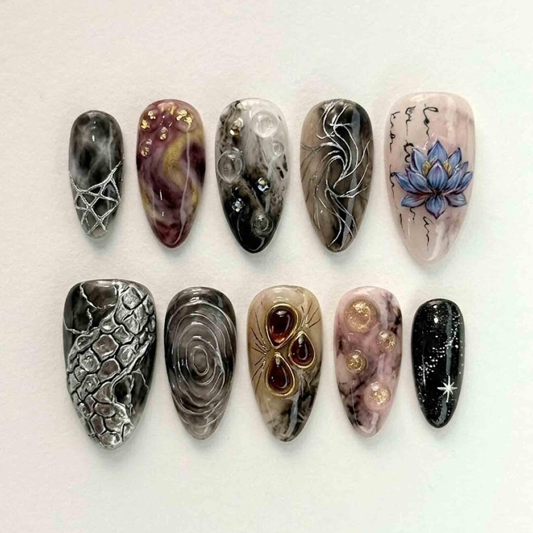 Handmade Mystic Marble Press on Nails | Lotus, Snake Texture & Galaxy ...
