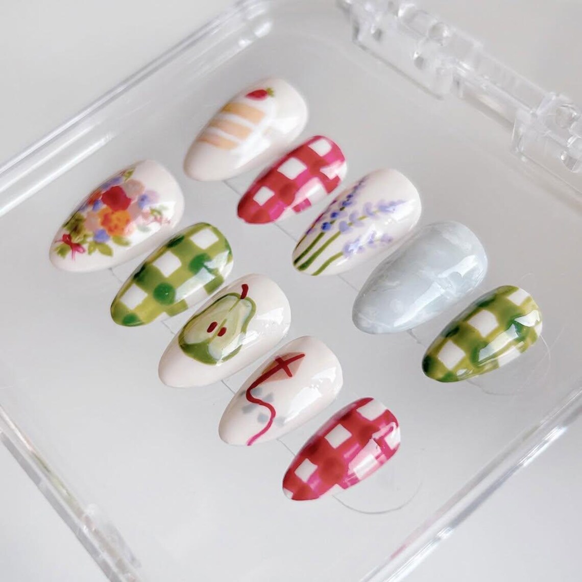 Hand-painted Cottagecore Picnic Press on Nails | Gingham, Fruit, Floral ...