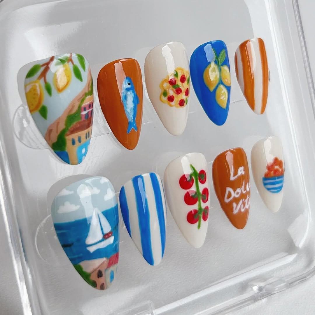 Italian Summer Press on Nails | Hand-painted Citrus & Gingham Nail Art ...