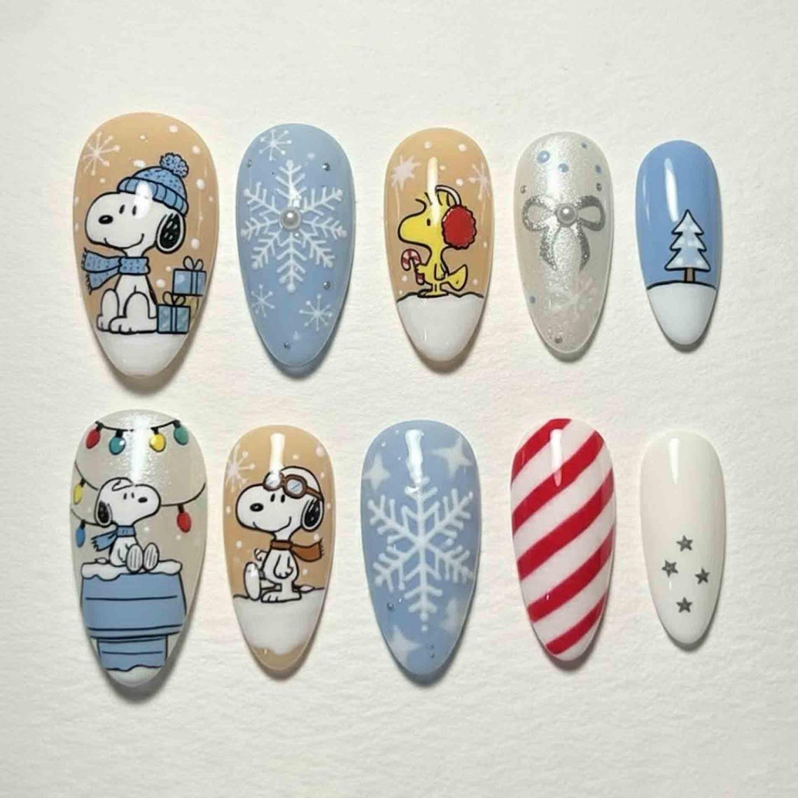 Handmade Winter Snoopy Press on Nails | Snowflakes, Candy Cane ...