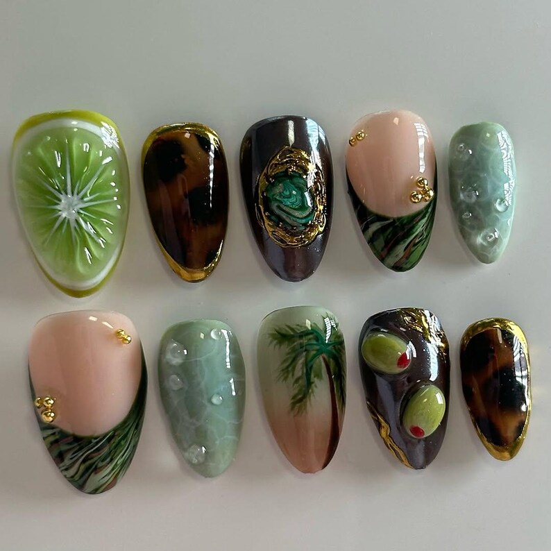 Palm Noir Press-on Nails | Hand-painted Olive and Palm Tree Nail Art ...