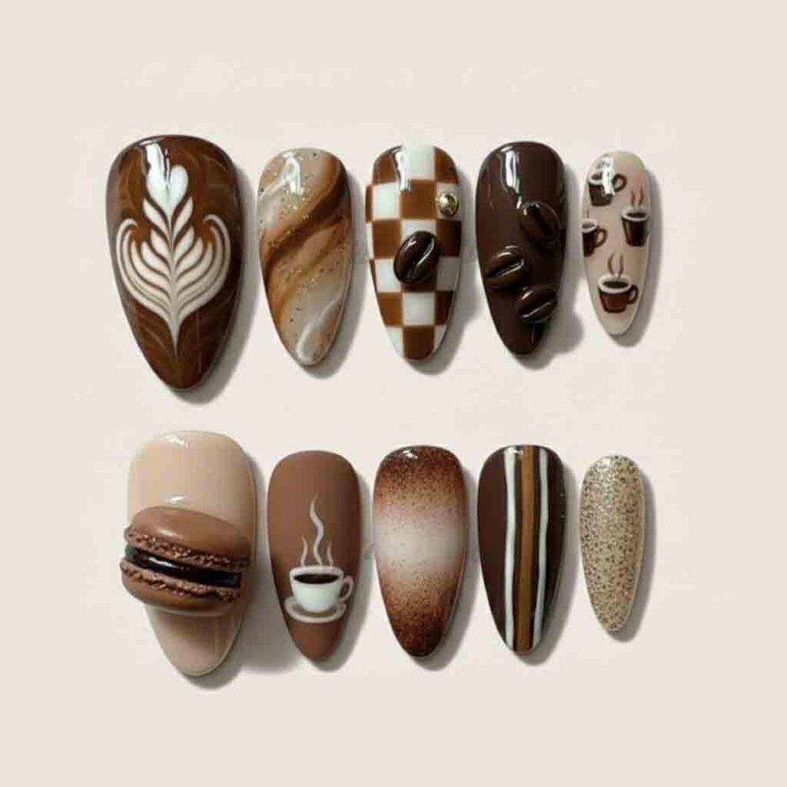 Handmade Coffee Latte Press on Nails | 3D Macaron, Coffee Beans & Latte ...