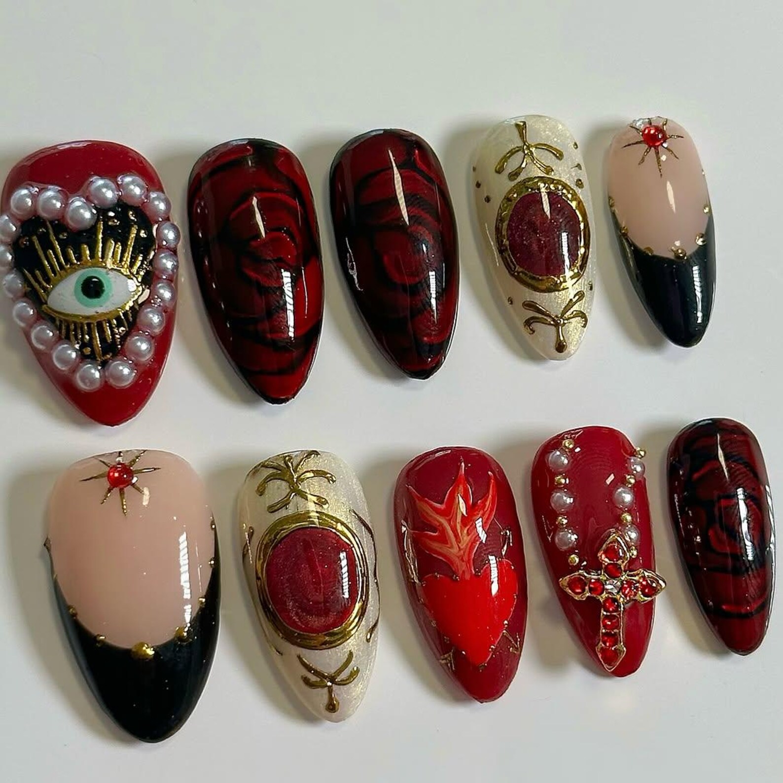 Gothic Royal Red Press on Nails | 3D Baroque, Cross & Eye Detail ...
