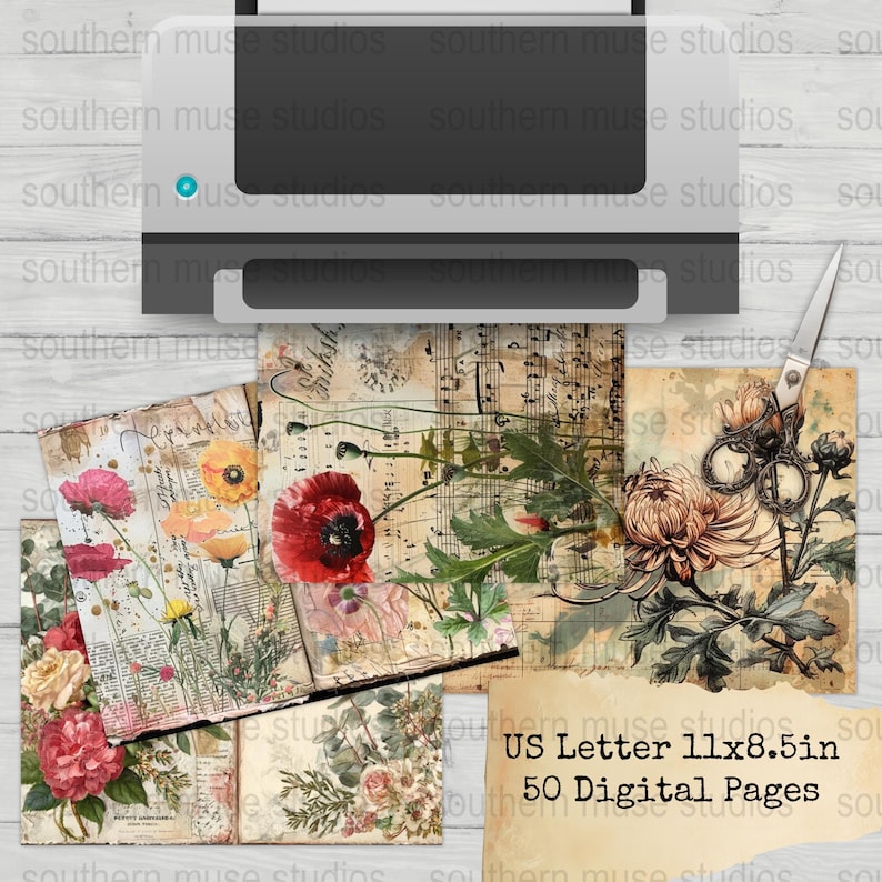 Floral Digital Paper Pack, Printable Flowers, Scrapbook Paper, 50 Pages ...