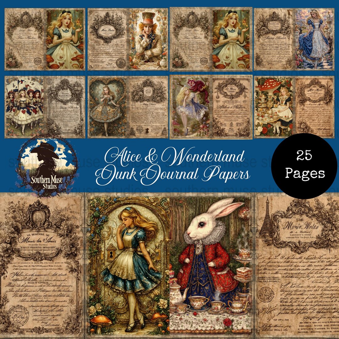 Alice in Wonderland Digital Papers, Journal Ephemera, Vintage Scrapbook ...