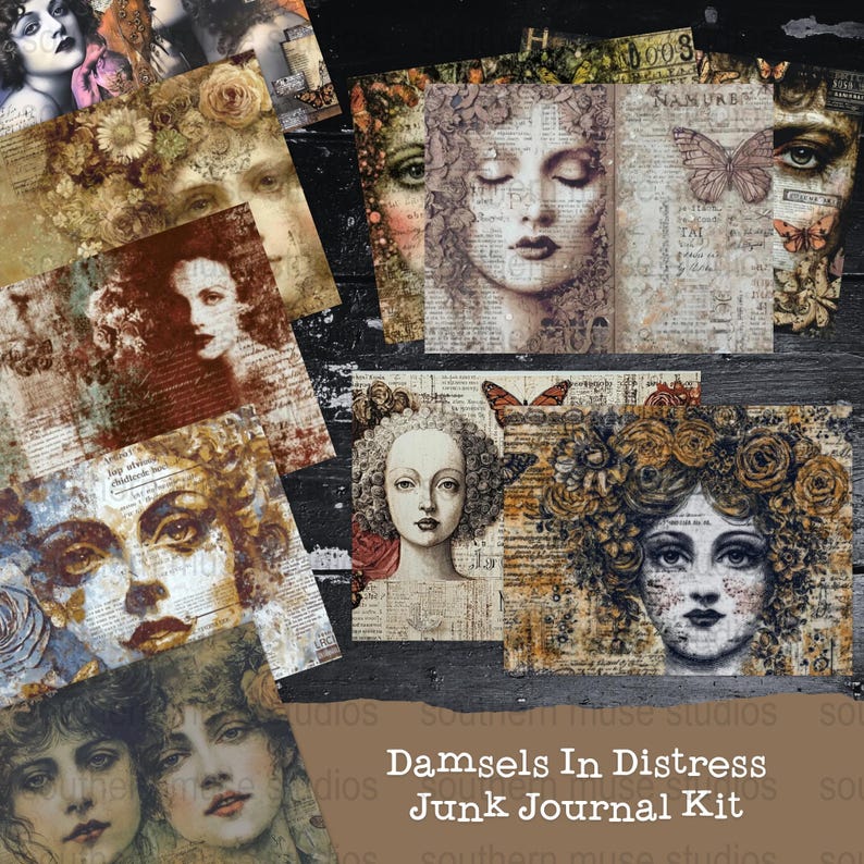 Damsels Digital Junk Journal Kit, Distressed Ladies Theme, 80 Pages ...
