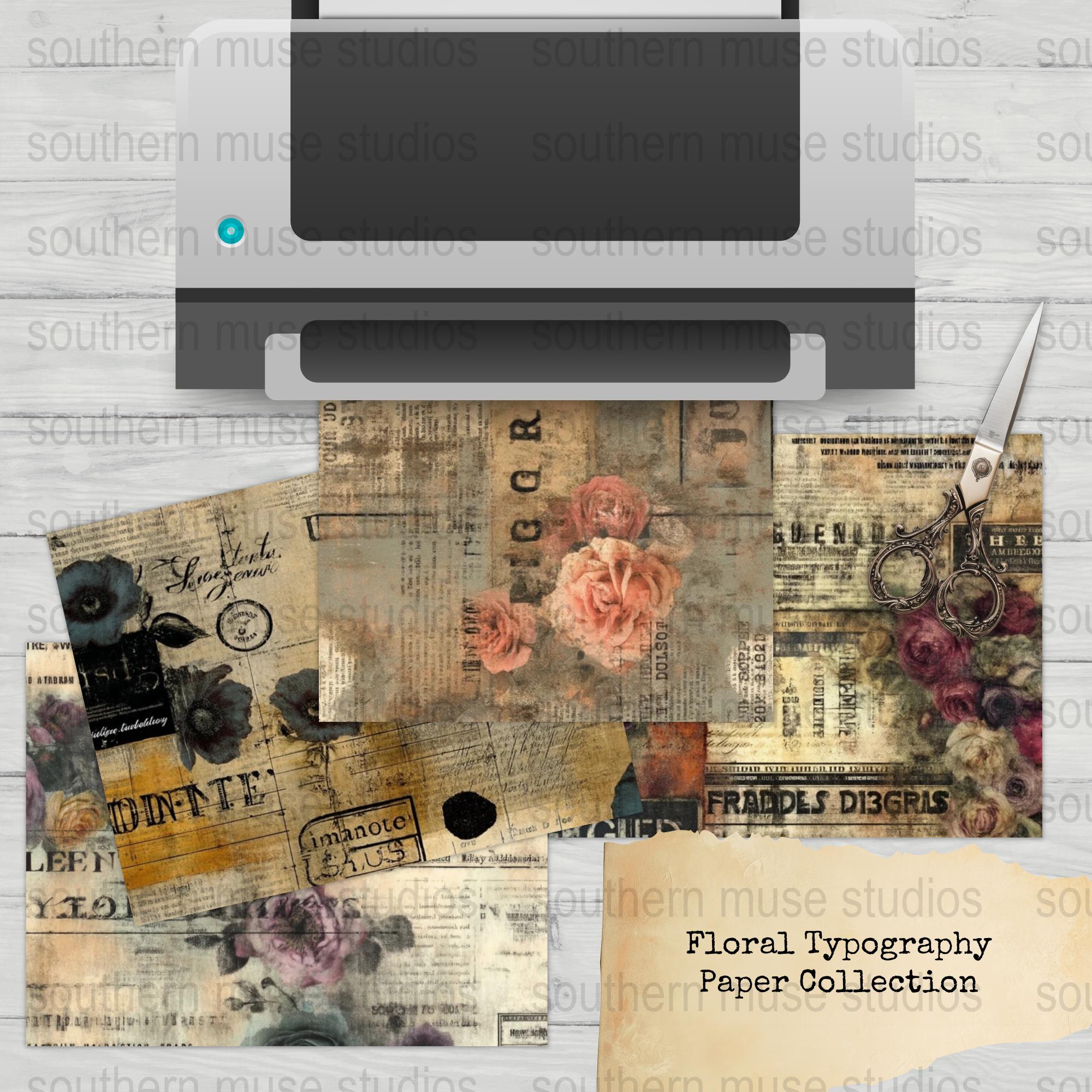 Floral Typography Digital Paper, Vintage Collage Backgrounds, Scrapbook ...