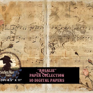 Paper Collection, Digital Scrapbook Paper, Floral Music Sheet, Vintage ...