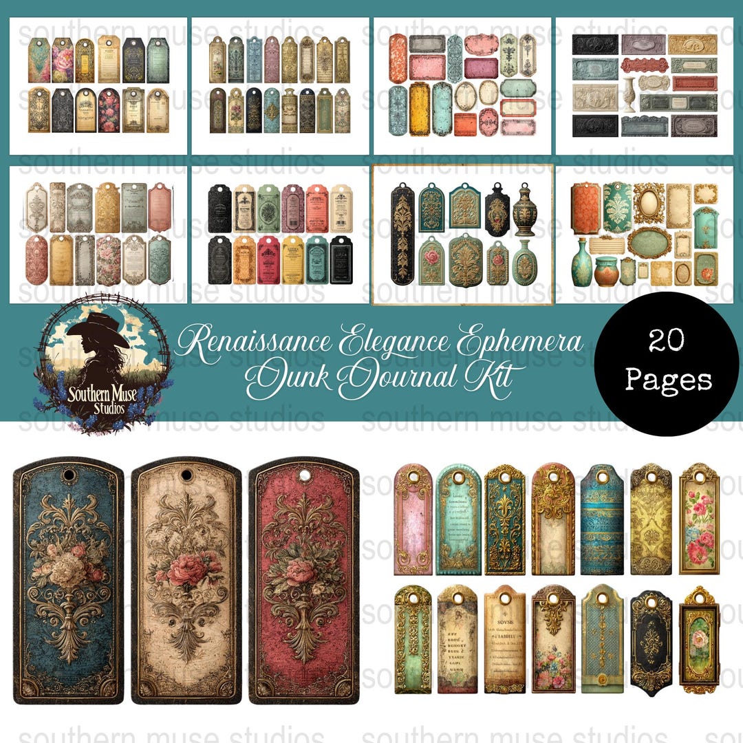 Renaissance Ephemera, Junk Journal Kit, Fussy Cut Digital Tags, Elegant ...