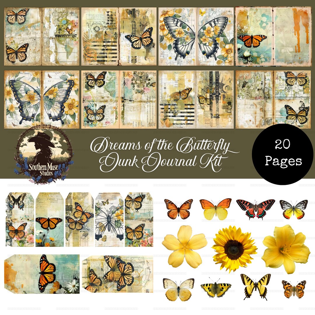 Butterfly Junk Journal Kit, 20 Digital PDF, Ephemera, Paper, Tags ...