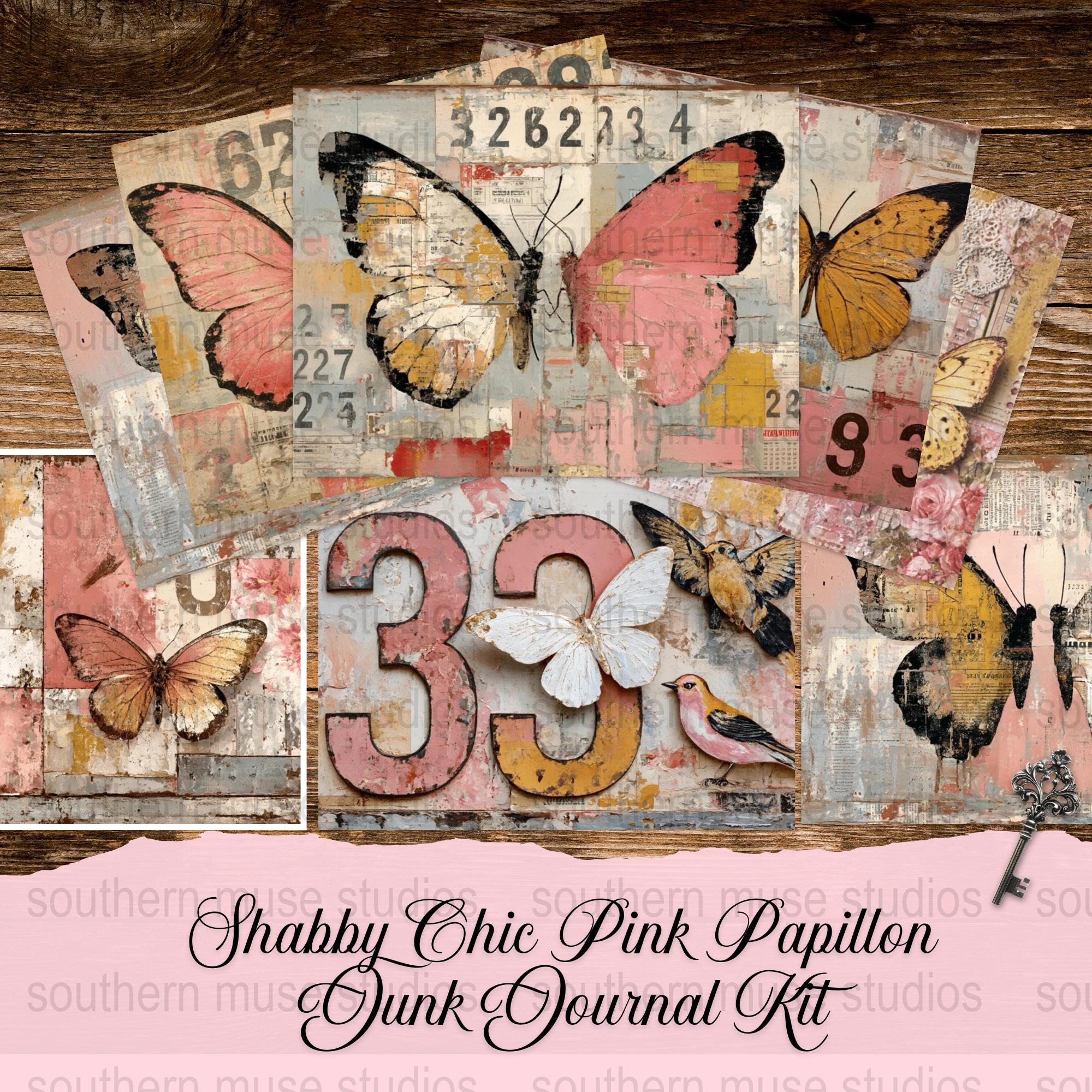 Pink Butterfly Junk Journal Kit, Shabby Chic Digital Paper, Papillon ...