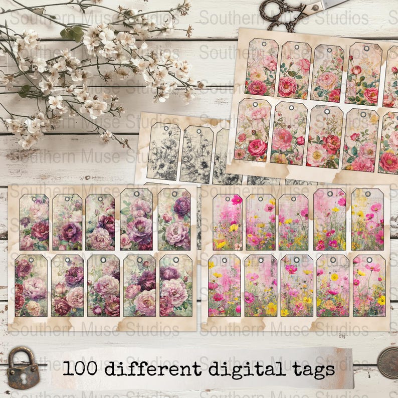 Junk Journal Floral Digital Tags, Printable Tags, Flower Tags, Ephemera ...