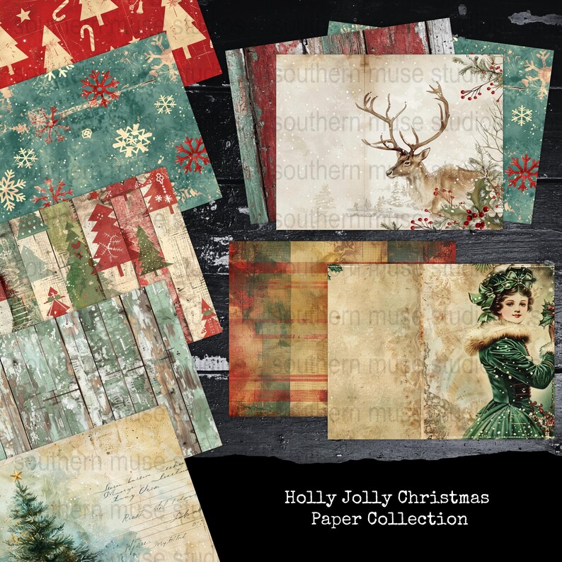 Holly Jolly Christmas Digital Paper, Vintage Scrapbook, Rustic Holiday ...