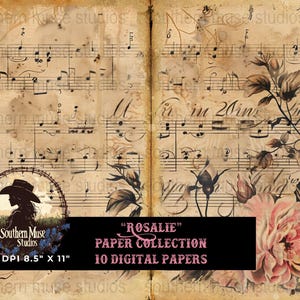Paper Collection, Digital Scrapbook Paper, Floral Music Sheet, Vintage ...