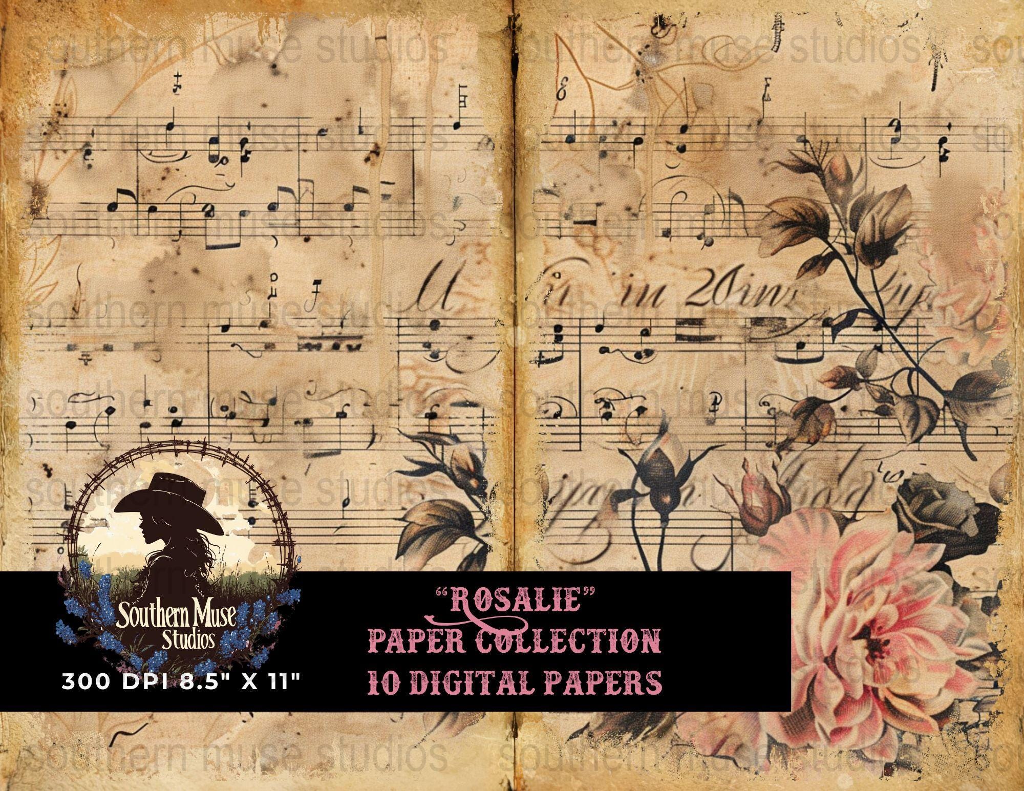 Paper Collection, Digital Scrapbook Paper, Floral Music Sheet, Vintage ...
