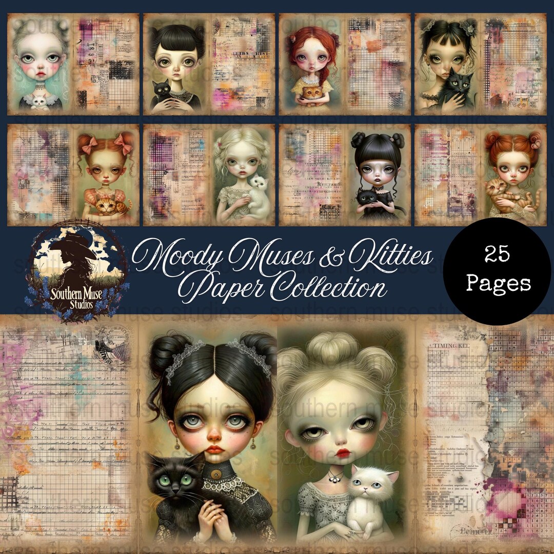 Moody Muse Digital Junk Journal Kit, Girl Cat Art, 25 Printable Papers ...