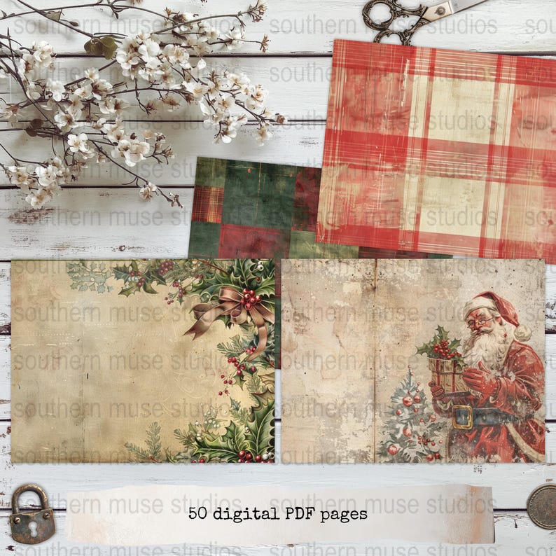Holly Jolly Christmas Digital Paper, Vintage Scrapbook, Rustic Holiday ...