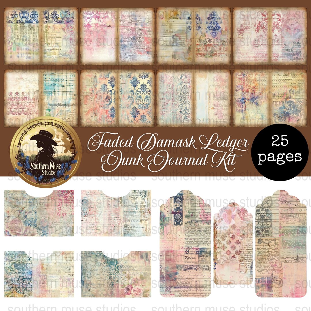 Damask Ledger Kit, Junk Journal, Digital Paper, Scrapbook Printables ...