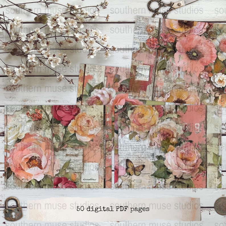 Floral Digital Paper Pack, Blooms Collage, Scrapbook Paper Designs ...