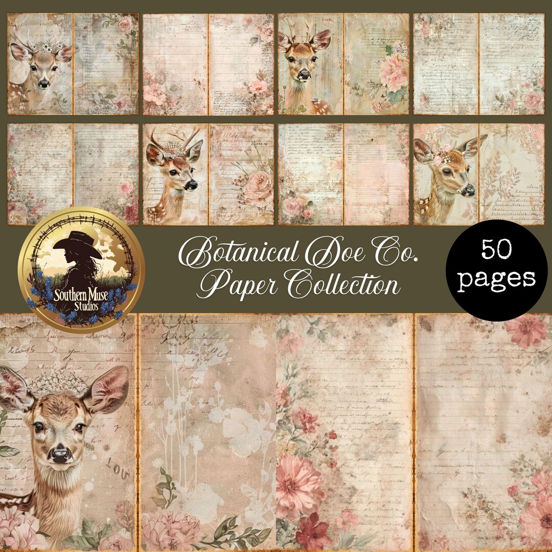Botanical Digital Paper, Deer Junk Journal, Scrapbook Pages, Vintage ...