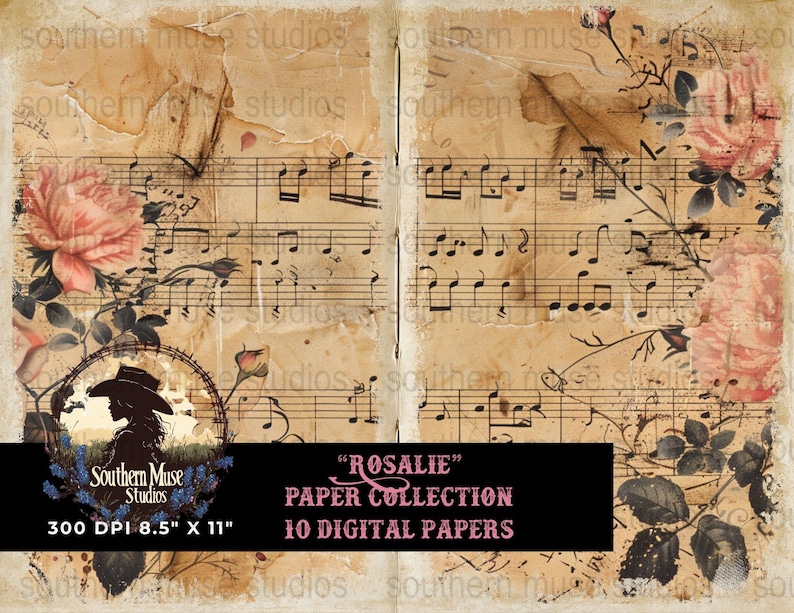 Paper Collection, Digital Scrapbook Paper, Floral Music Sheet, Vintage ...
