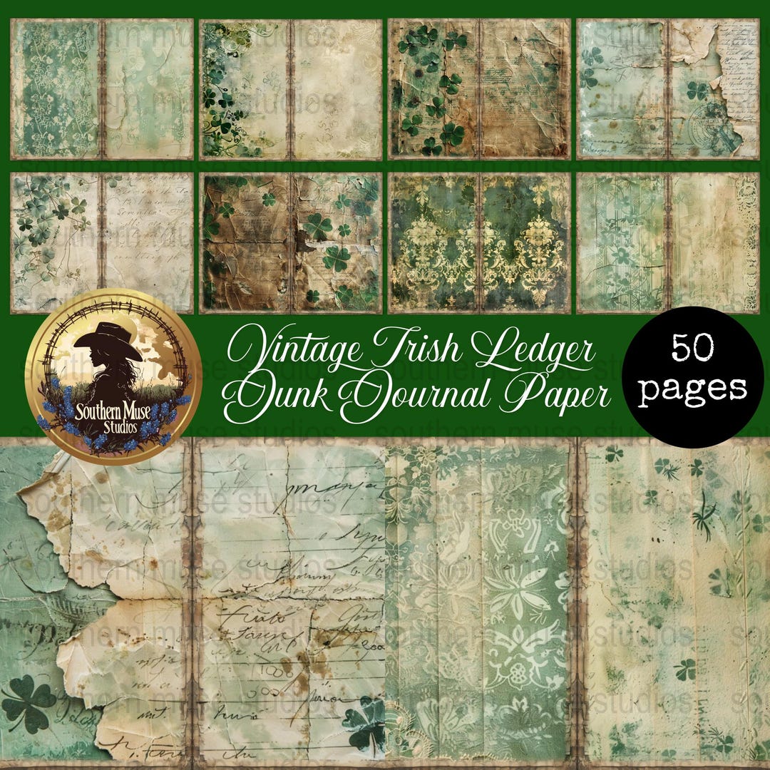 Vintage Irish Junk Journal, Digital Ledger Paper, Shamrock, St Patricks ...