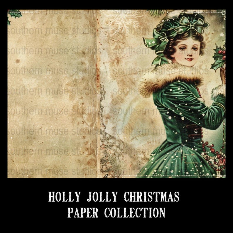 Holly Jolly Christmas Digital Paper, Vintage Scrapbook, Rustic Holiday ...