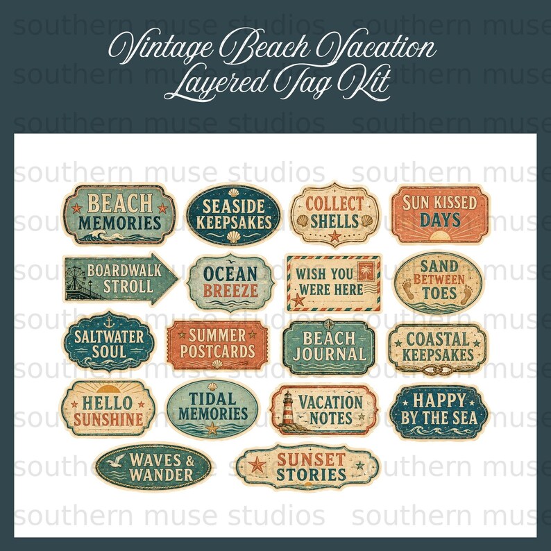 Vintage Beach Vacation Digital Ephemera Kit, 25 Page Junk Journal Tags ...
