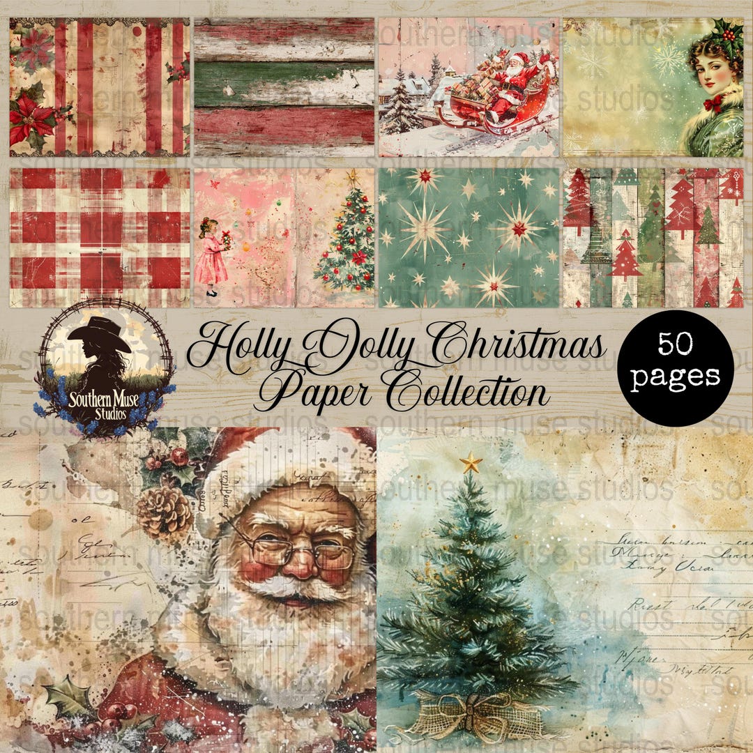 Holly Jolly Christmas Digital Paper, Vintage Scrapbook, Rustic Holiday ...