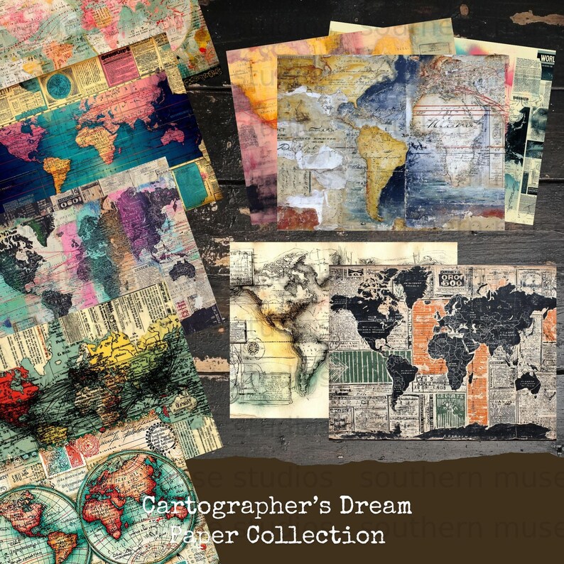 Vintage World Map Digital Paper, Cartographer's Dream, Junk Journal Kit ...