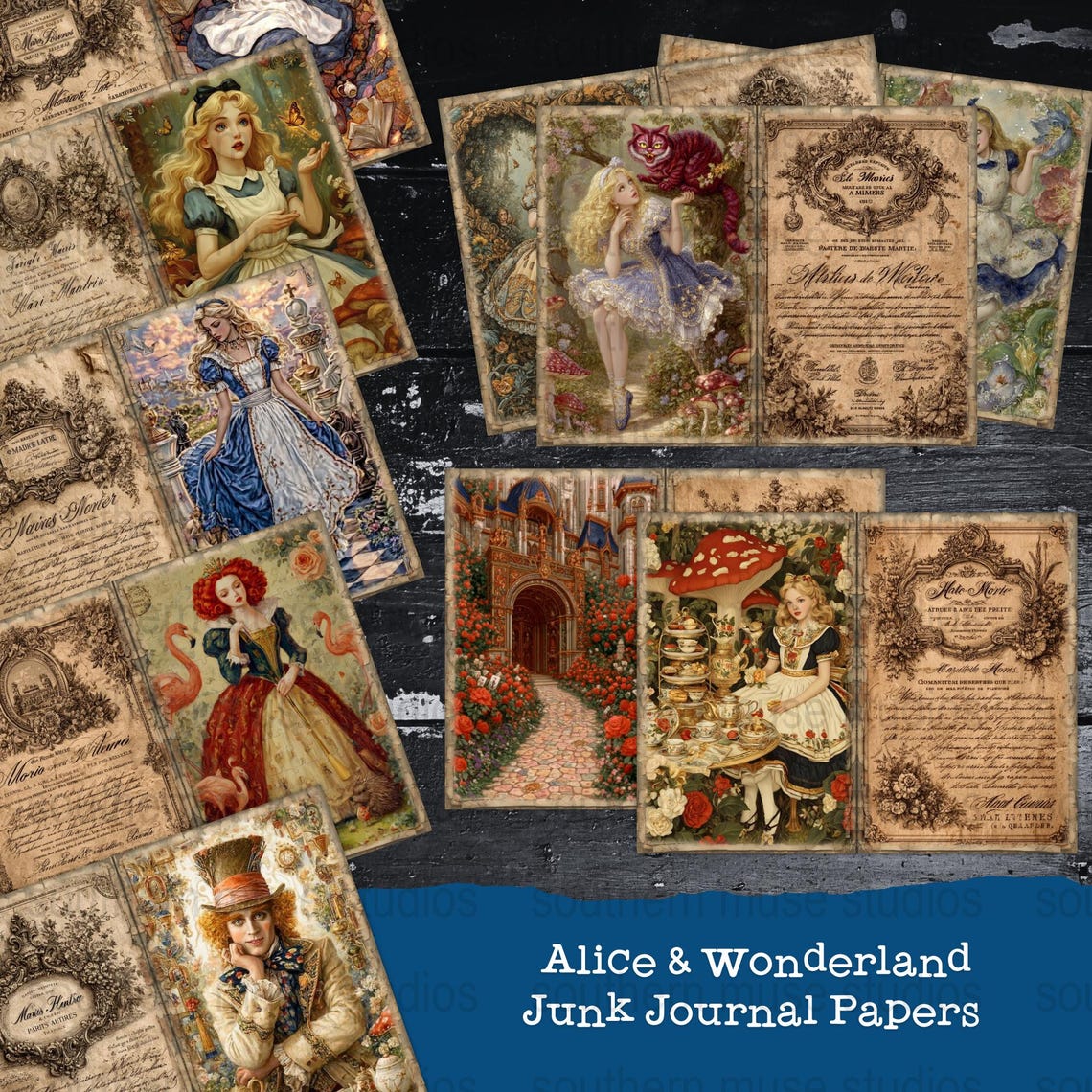 Alice in Wonderland Digital Papers, Journal Ephemera, Vintage Scrapbook ...