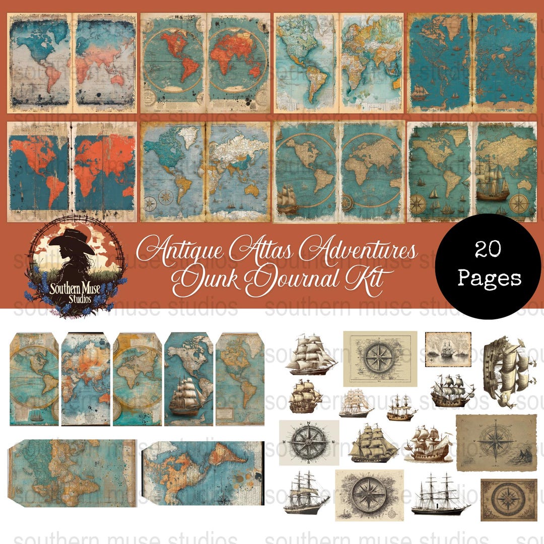 Antique Atlas Junk Journal, Digital Papers, Ephemera Pack, Printable ...