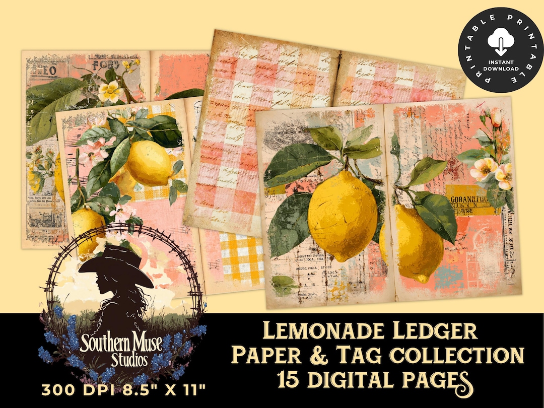 Lemon Digital Paper Pack, Vintage Citrus Scrapbook Papers, Shabby Chic ...