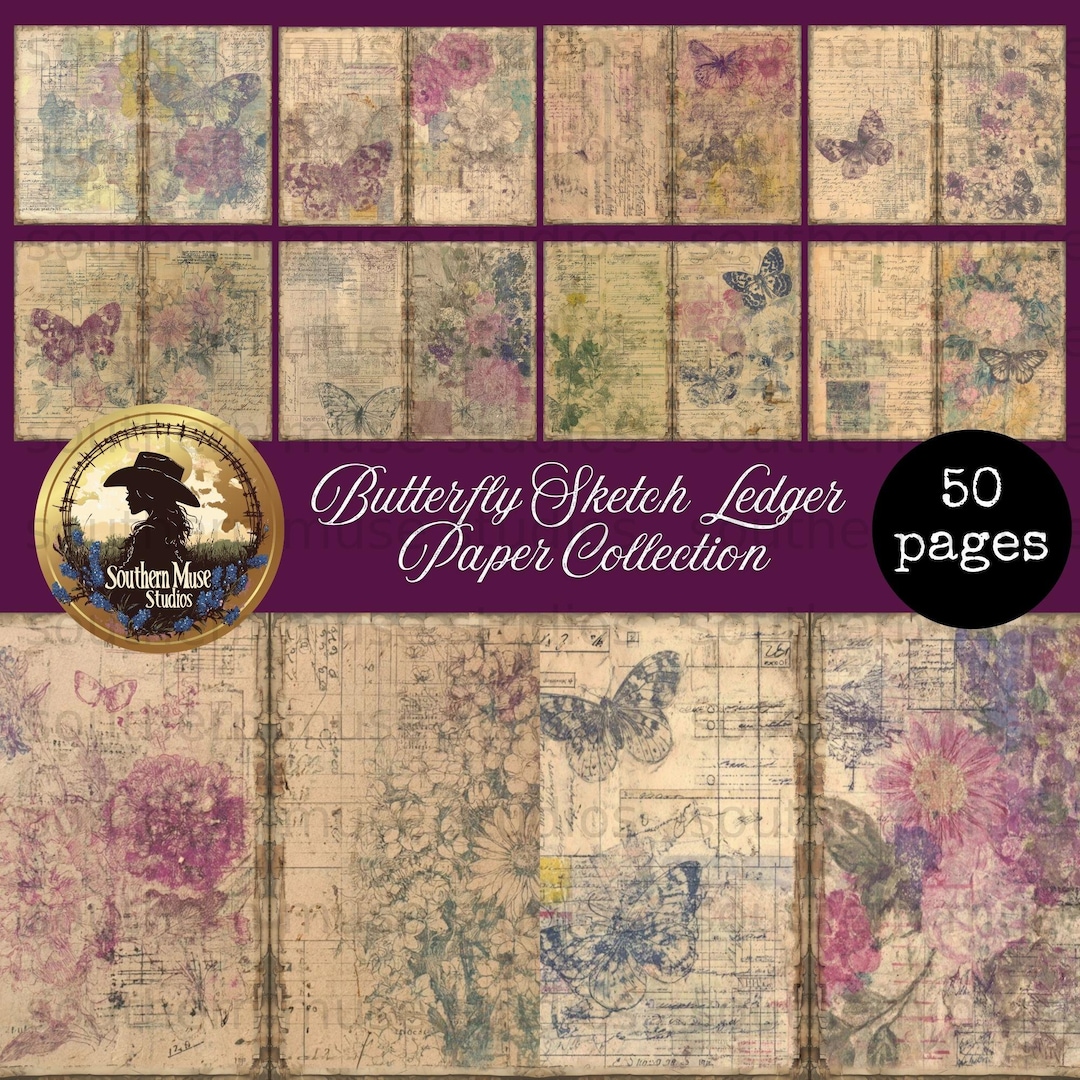 Butterfly Sketch Ledger Paper, Vintage Floral Junk Journal Digital Kit ...