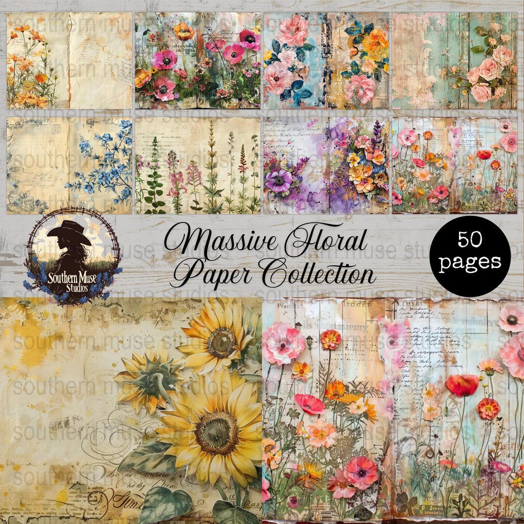 Floral Digital Paper Pack, Printable Flowers, Scrapbook Paper, 50 Pages ...