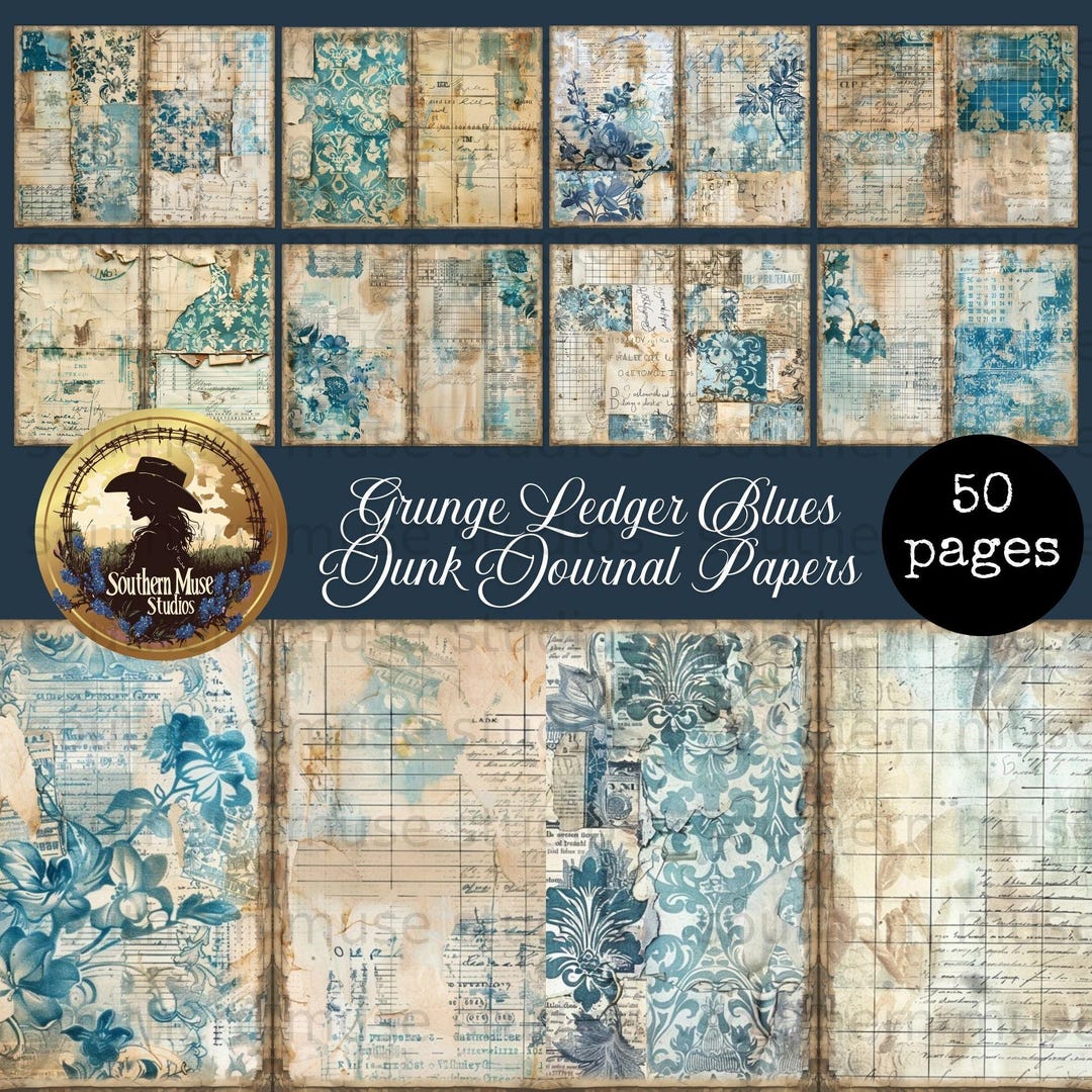 Ledger Blues Junk Journal Digital Papers, Floral Ephemera, Scrapbook ...