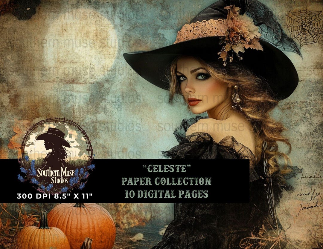 Celeste Witch Digital Paper, Halloween Scrapbook, Grungy Witch Costume ...