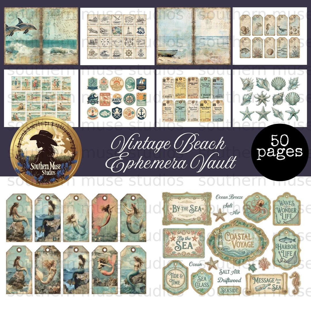 Vintage Beach Ephemera Digital, Ocean Coastal Junk Journal, Nautical ...