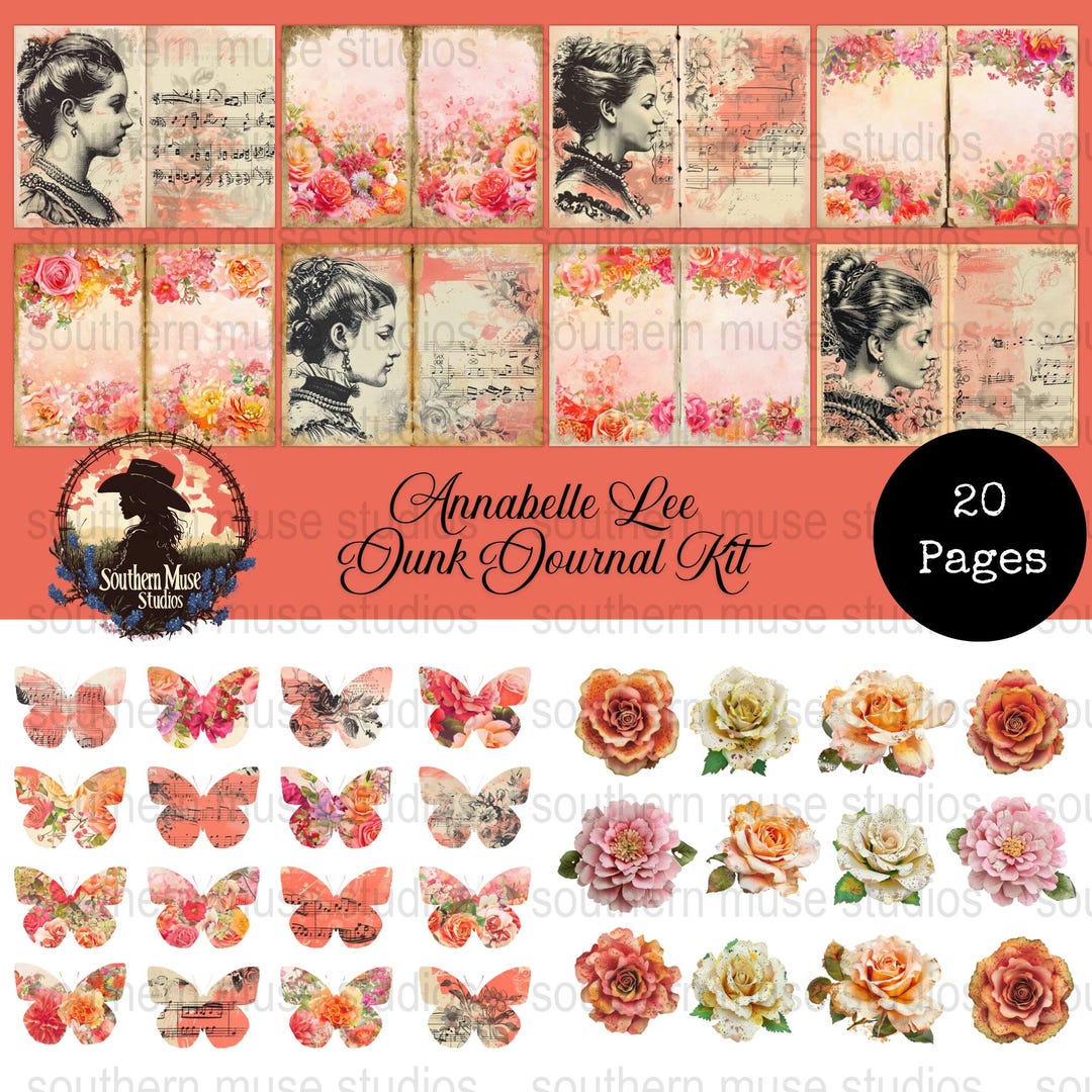 Annabelle Lee Junk Journal Kit, Digital Paper, Tags, Pockets, Fussy Cut ...