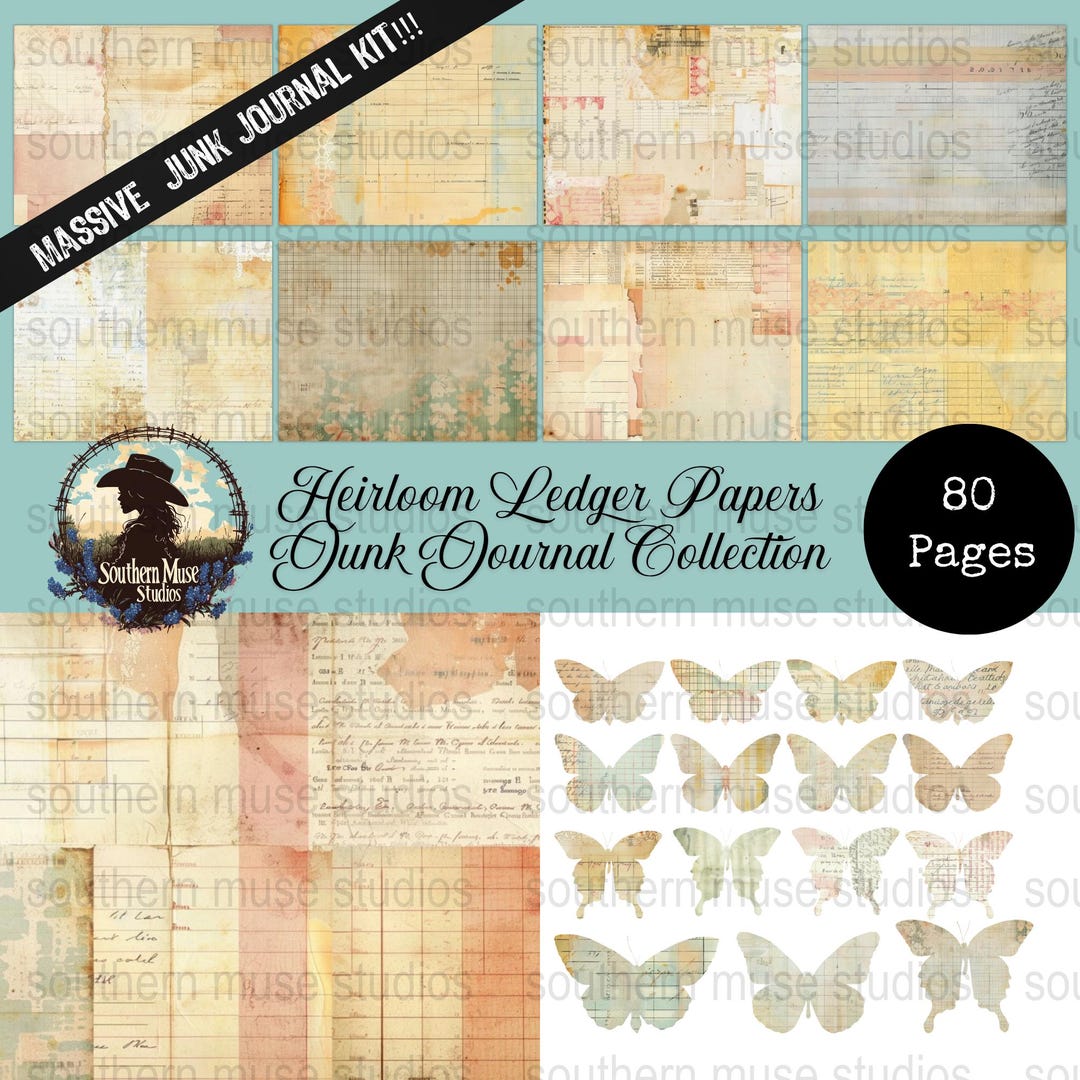 Digital Junk Journal Kit, Heirloom Ledger Paper, Butterfly Ephemera ...