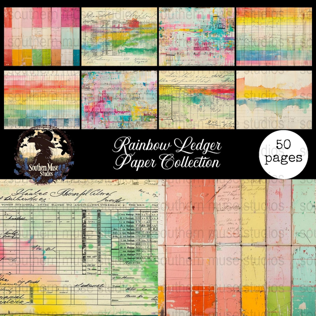 Rainbow Ledger Digital Paper Collection, Vintage Ledger Sheets ...