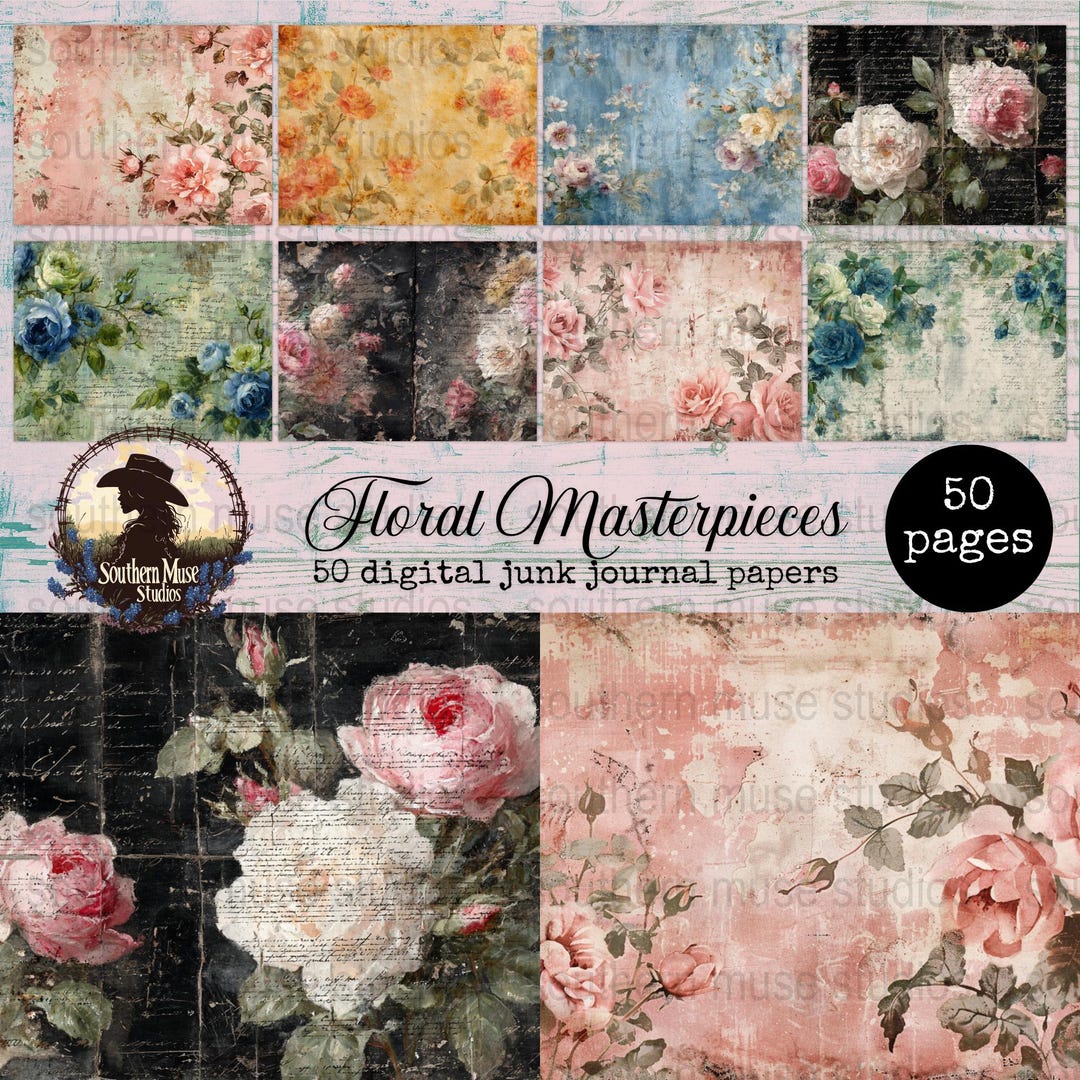 Floral Digital Paper Pack, Rustic Junk Journal, Grungy Scrapbook Paper ...