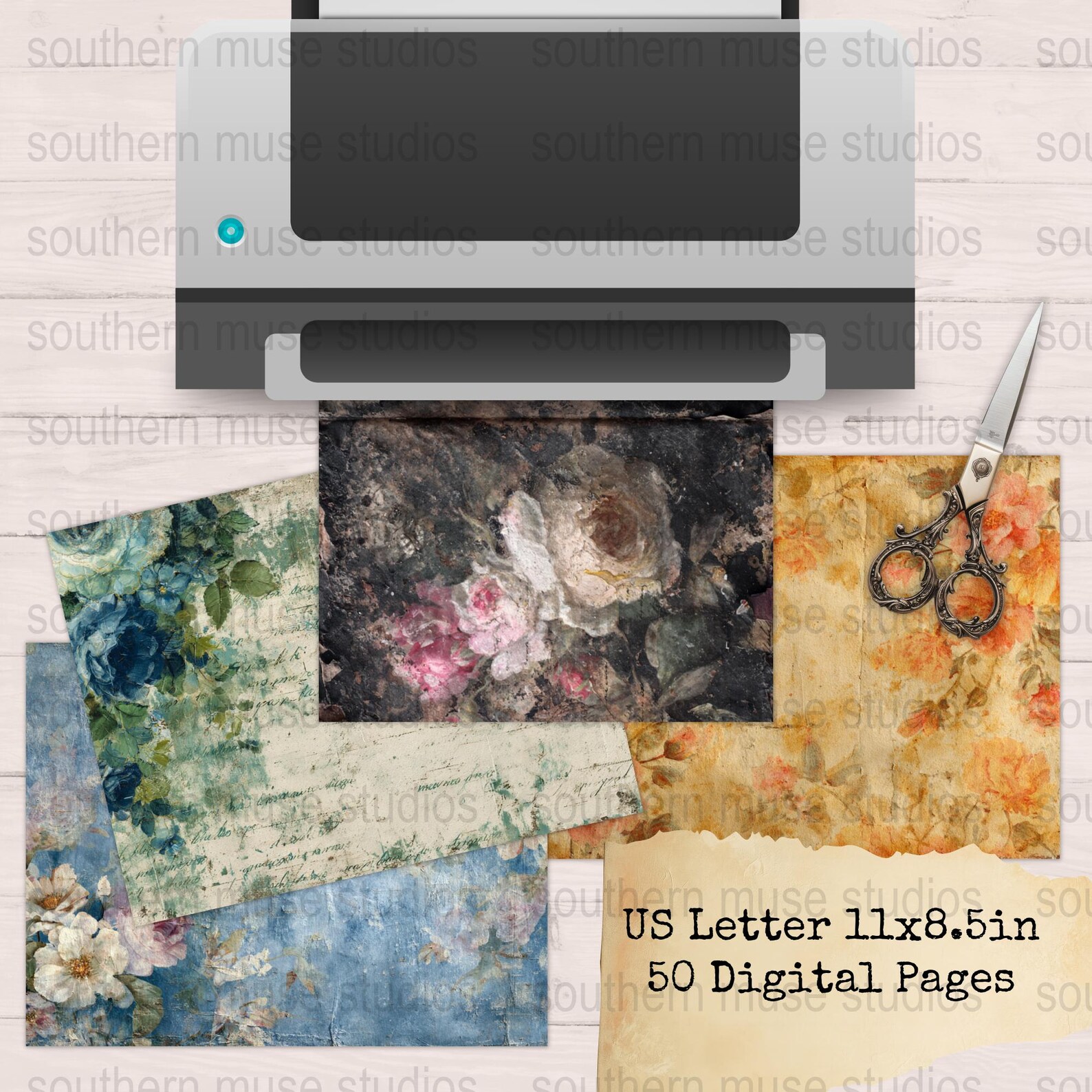 Floral Digital Paper Pack, Rustic Junk Journal, Grungy Scrapbook Paper ...