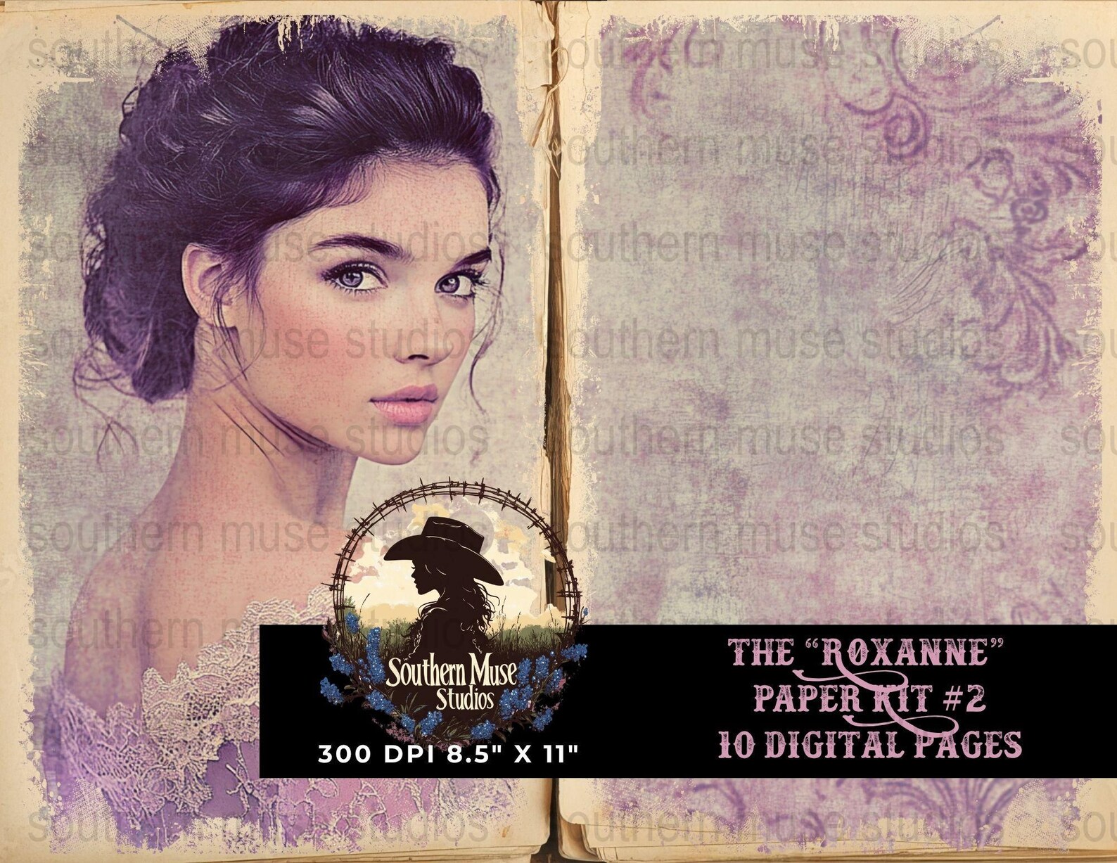 Roxanne Digital Paper Kit #2, Vintage Lady Portrait, Scrapbook Paper ...