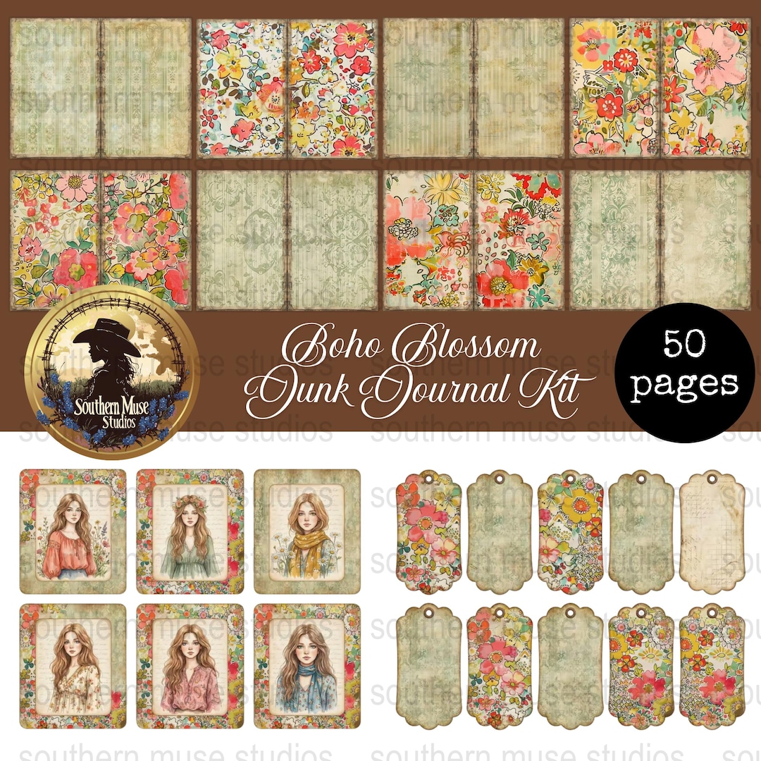 Digital Papers, Boho Blossom Junk Journal Kit, Printable Tags, Journal ...