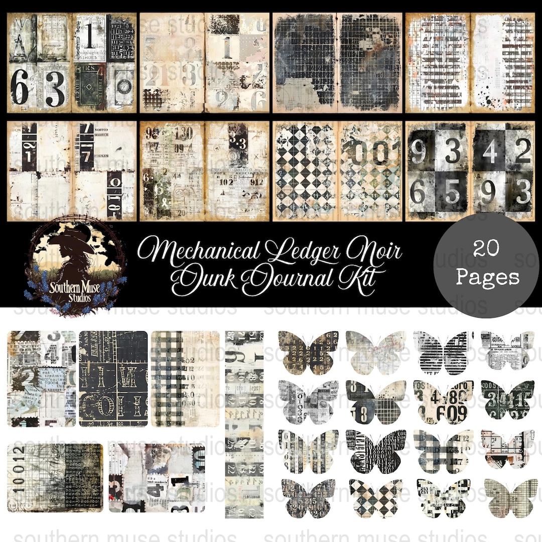 Noir Junk Journal Kit, Mechanical Ledger, Digital Collage Sheets ...